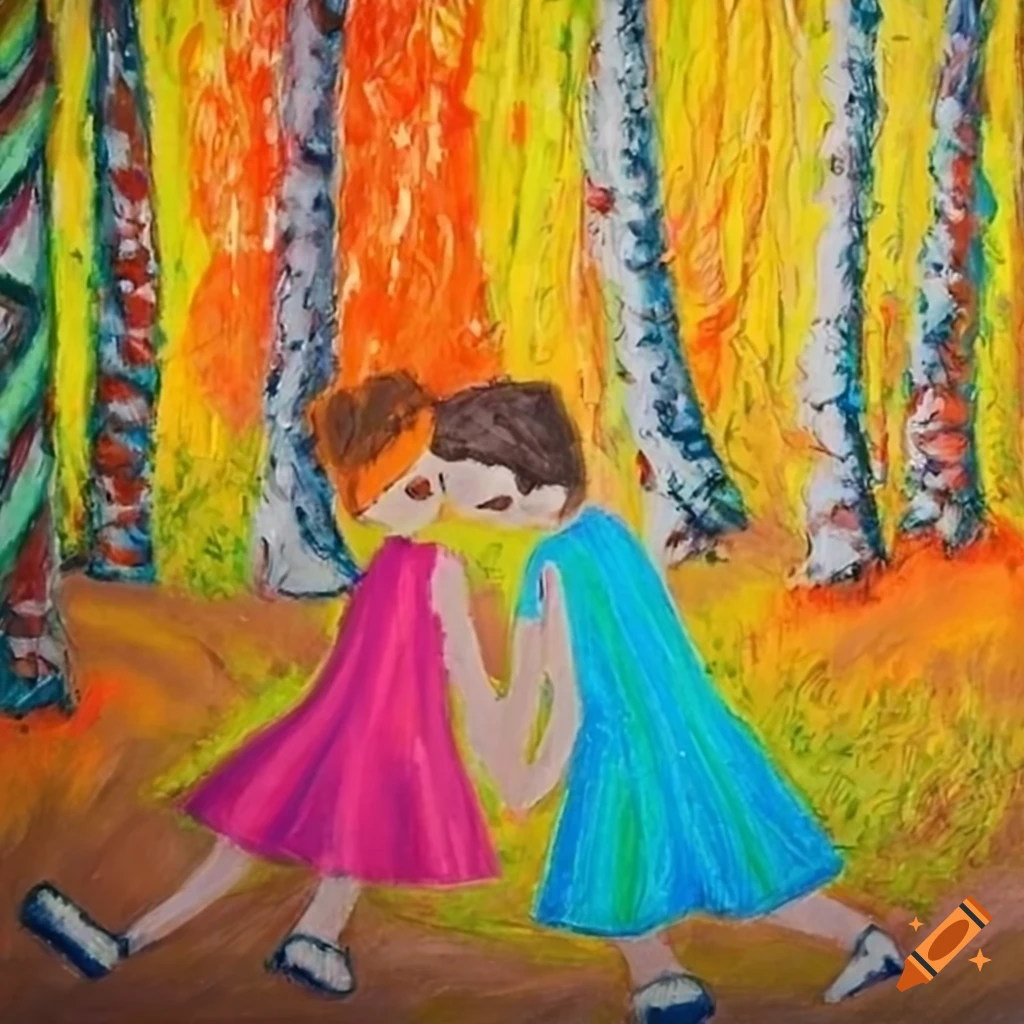 Best friends frolicking in the vibrant forest with oil pastel ...