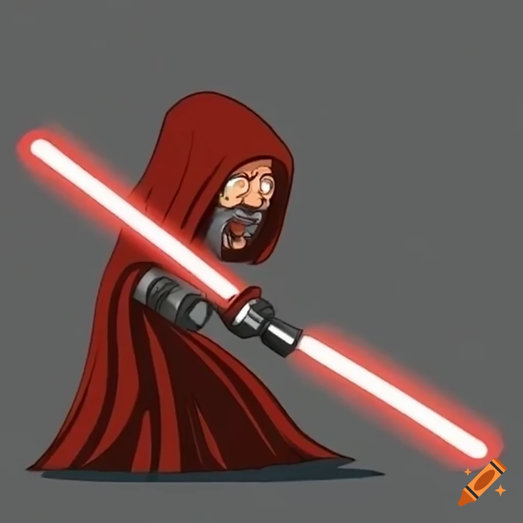 Cartoon-style jedi fighting sith with dual light sabers on Craiyon