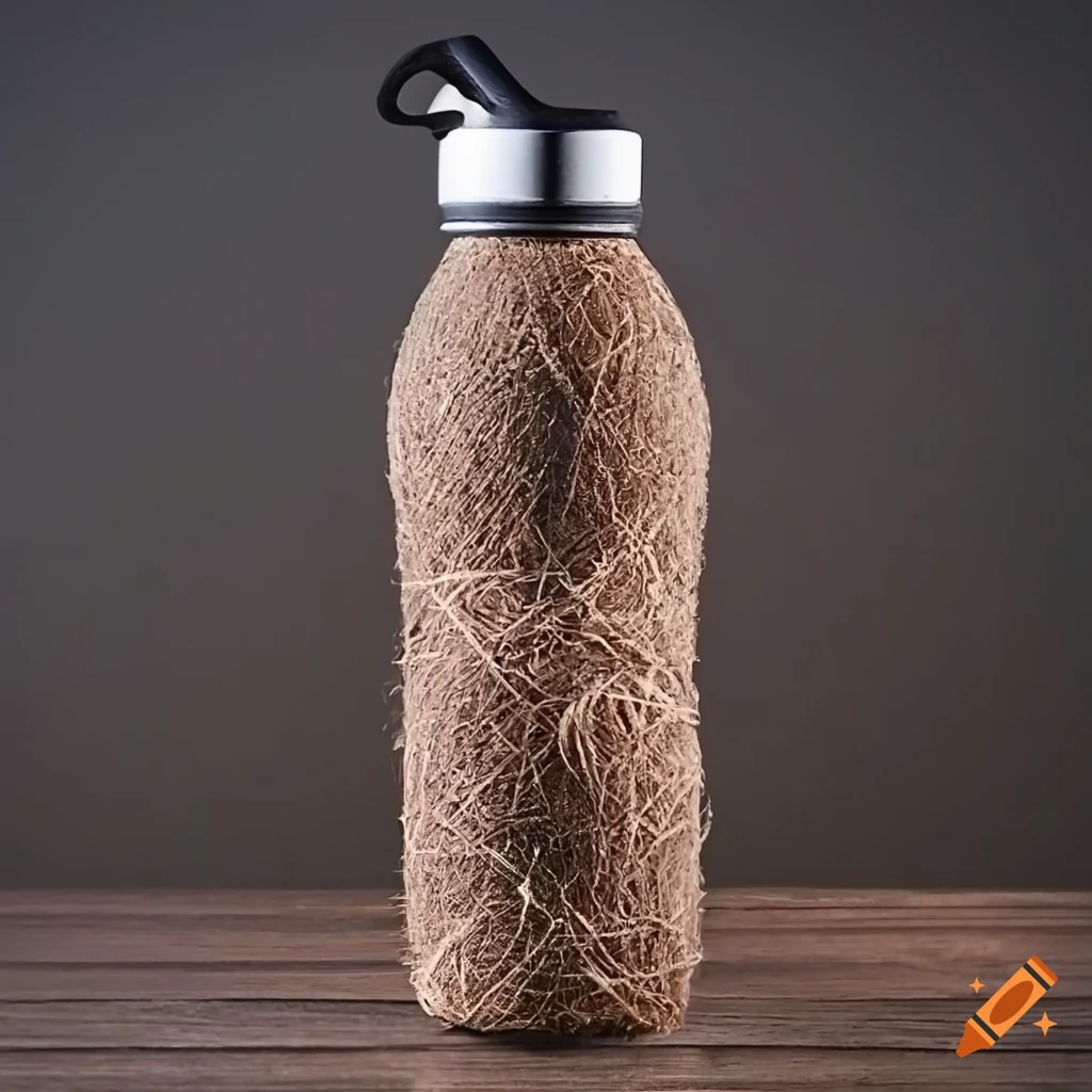 Water bottle with special coconut shell fiber cover on Craiyon