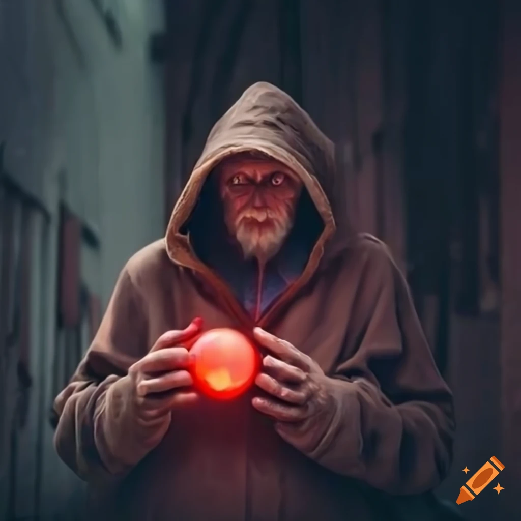 Middle aged wizard with arcane focus in an alleyway on Craiyon