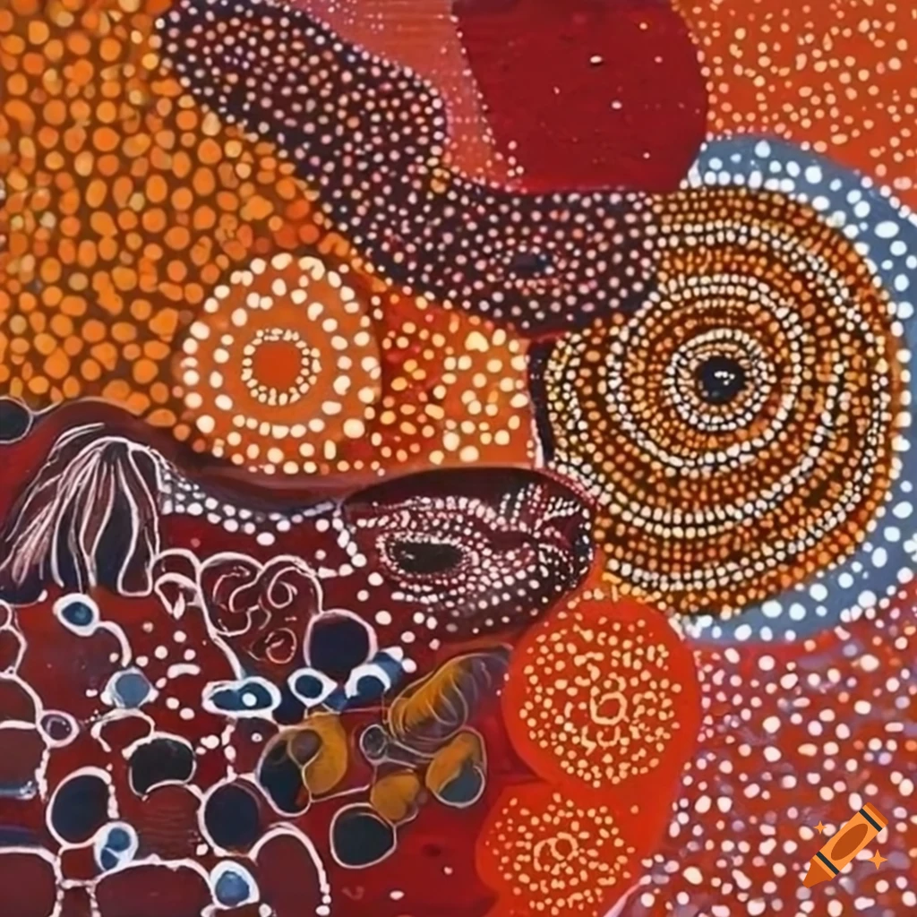 Aboriginal dreamtime dot painting of animals in a dreamy world on Craiyon