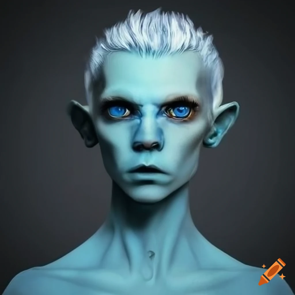Short white-haired blue-skinned humanoid alien man with pointed ears on Craiyon