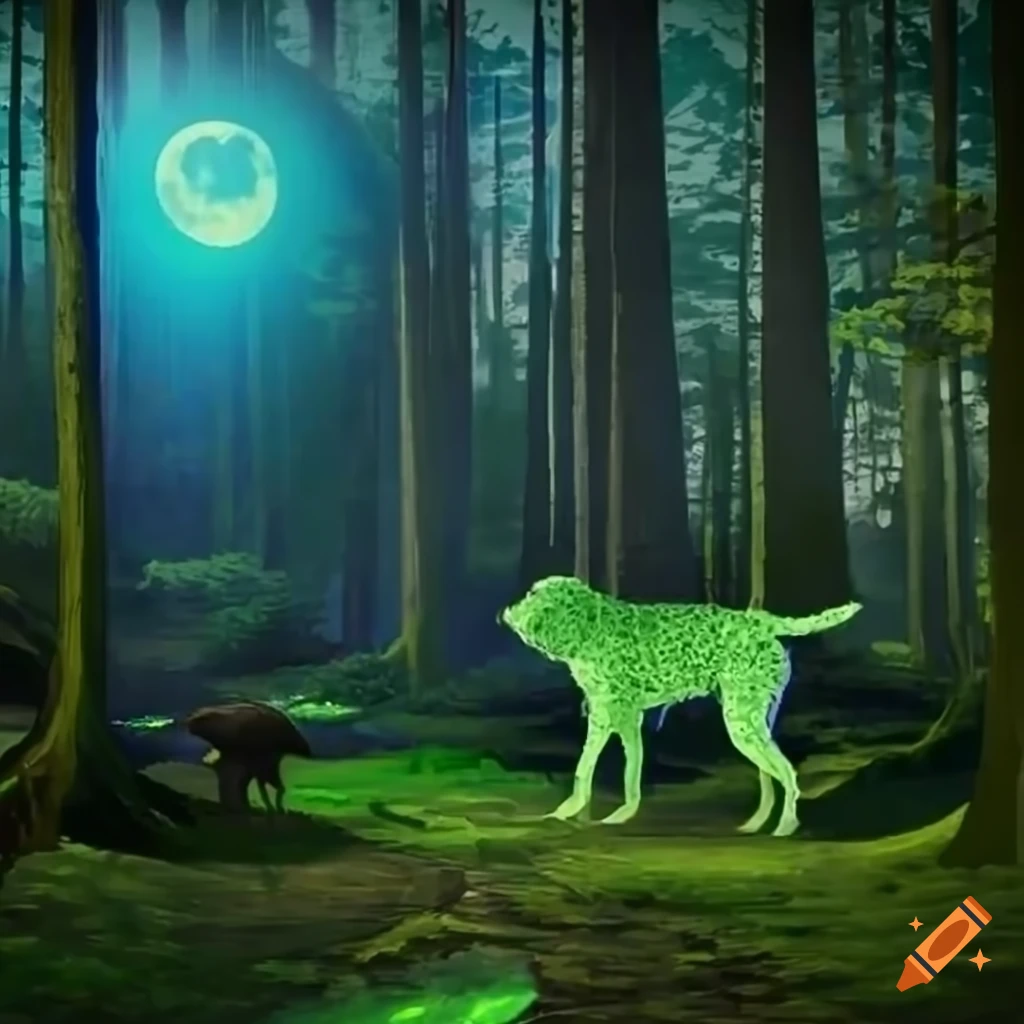 Enchanting forest with labrador under moonlight on Craiyon