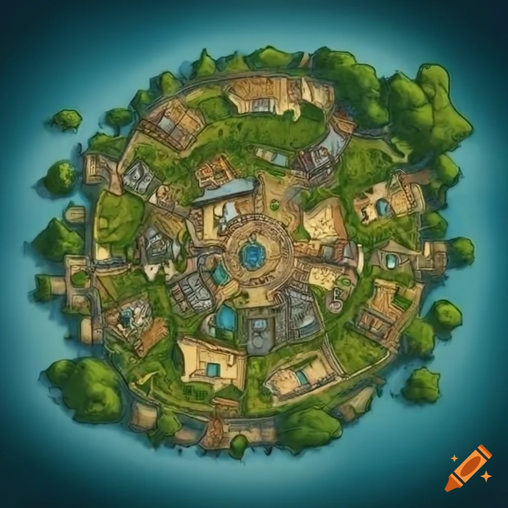 Map of circular fantasy town on a hill surrounded by walls and a forest ...