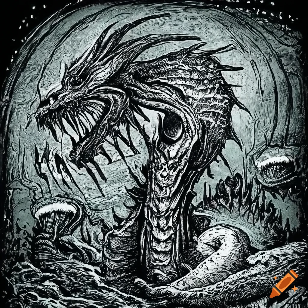 Detailed engraving ink style art of a roaring lernaean hydra in the ...