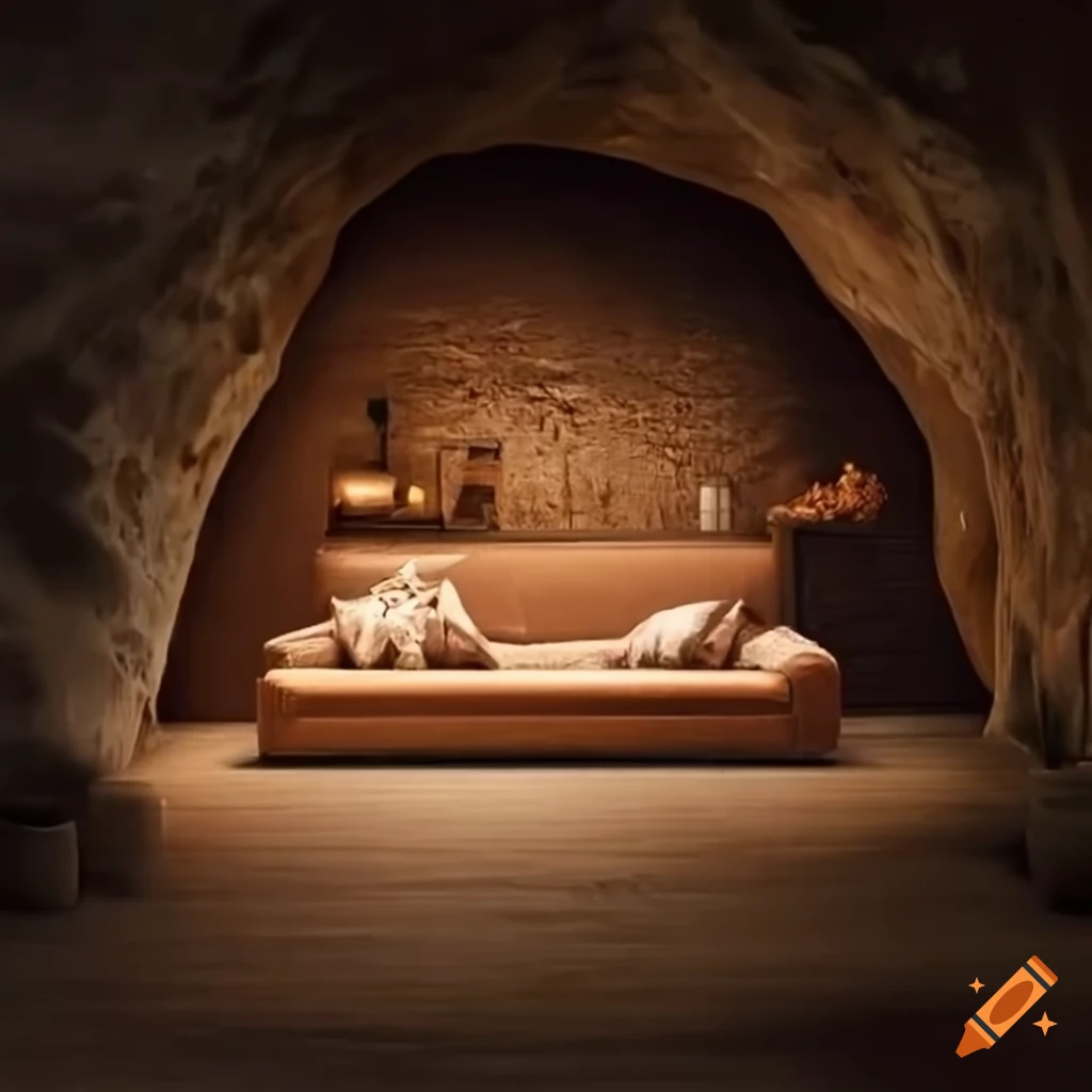 Cozy living space in a cave with vintage furniture on Craiyon