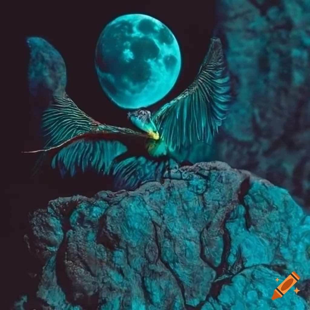 Beautifully colored phoenix perched on a rocky moon in space on Craiyon