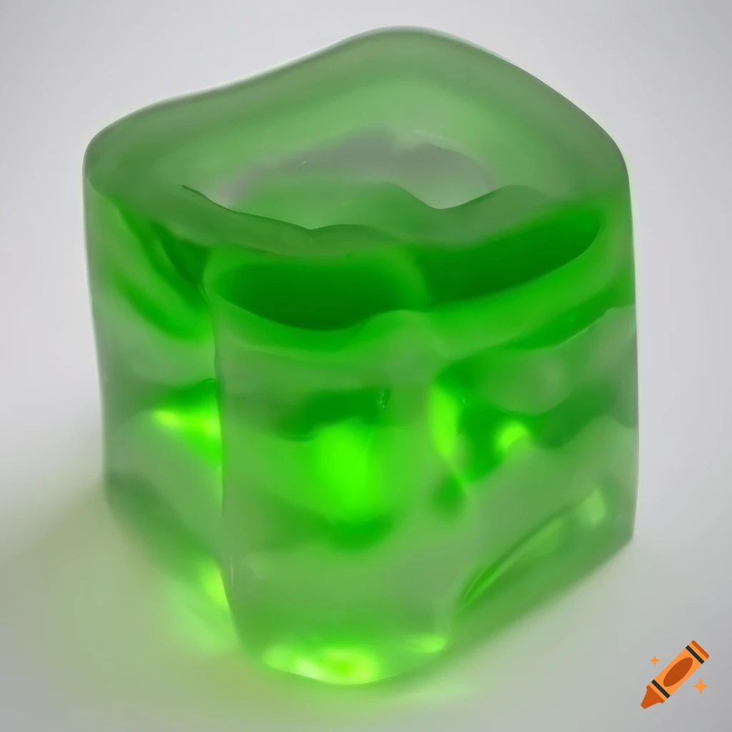 Green slightly distorted jello cube with luminous interior on white ...