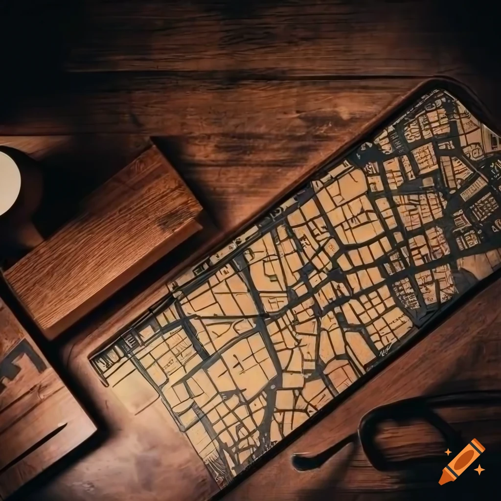 Top view of old wooden desk with a city map on Craiyon