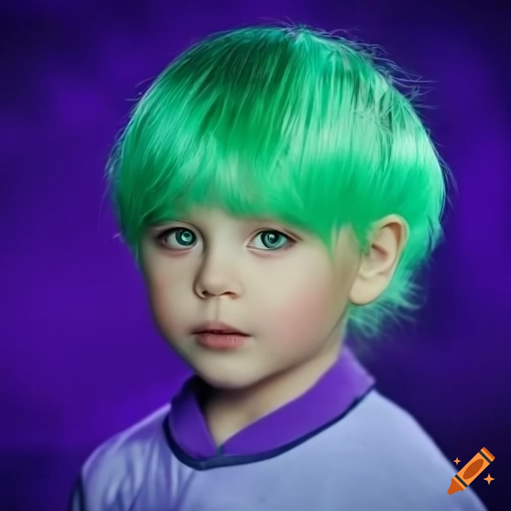 Portrait of androgynous child with mint green hair and purple outfit in a retro futuristic style ...
