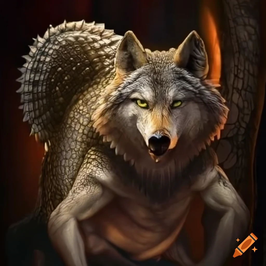 Mythical hybrid animal with crocodile body and wolf head on Craiyon