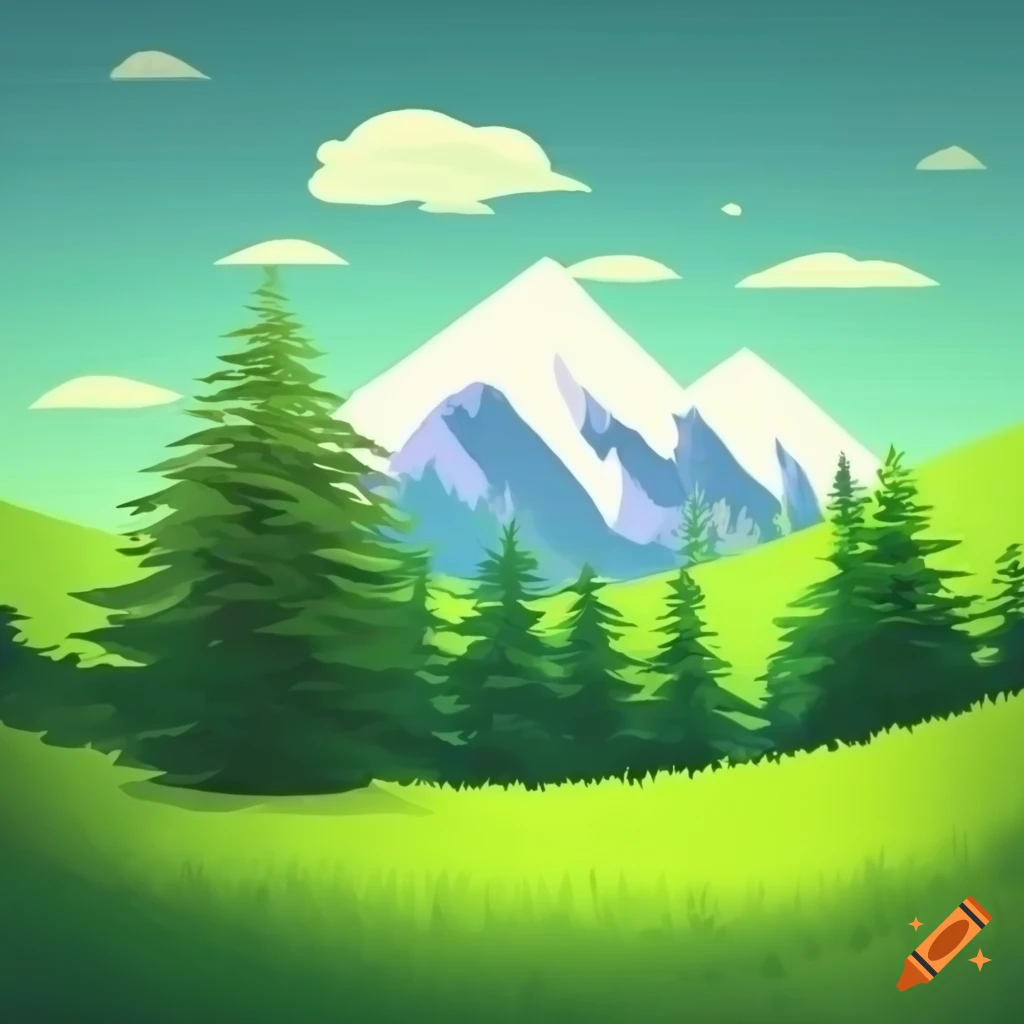 2d background of mountains, trees, clouds, and ground on Craiyon