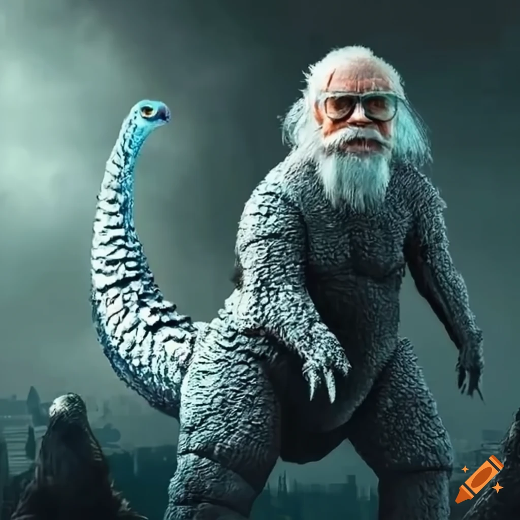 Elderly man with long white hair and beard riding godzilla on Craiyon
