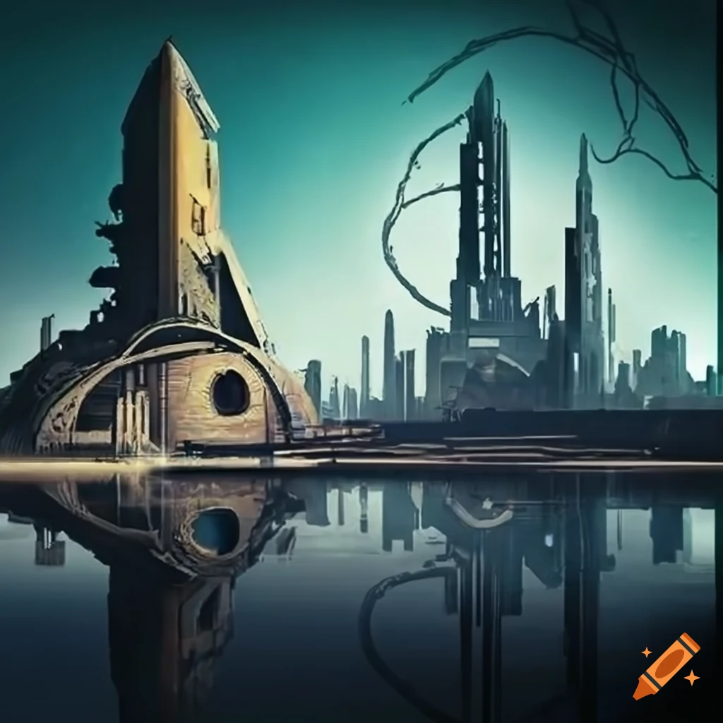 Ruined 1950s sci-fi future city on Craiyon