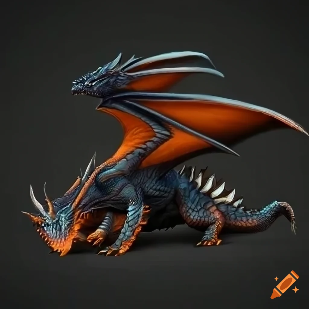Realistic dragon with orange wings and blue eyes crawling on Craiyon