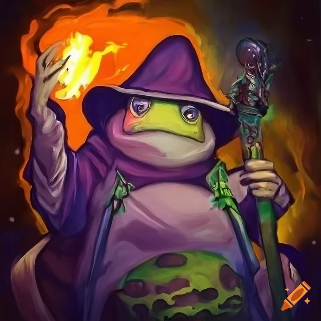 Anthropomorphic wizard frog with luminous fireball in a dark fantasy ...