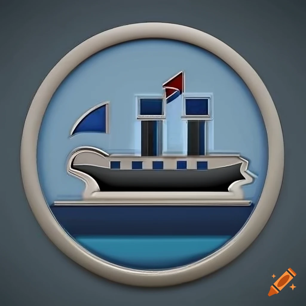 Ironclad steam ship emblem in gray with blue accents on Craiyon