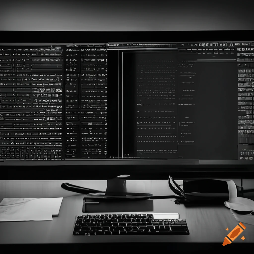 Modern workspace with computer and code on screen on Craiyon