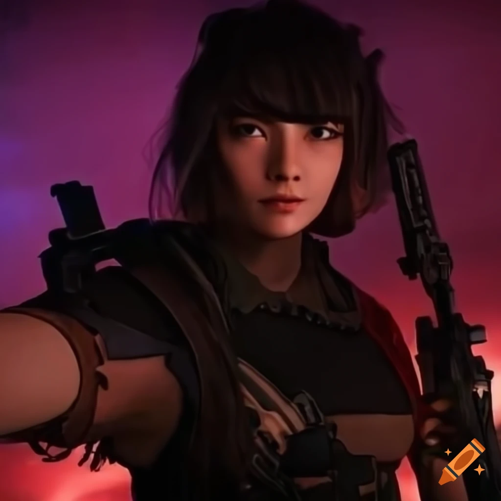 Gamer girl with purple hair in an epic battle with a big gun on Craiyon