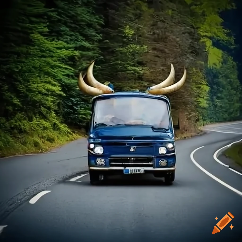 Bus with fake bull horns on a mountain road on Craiyon
