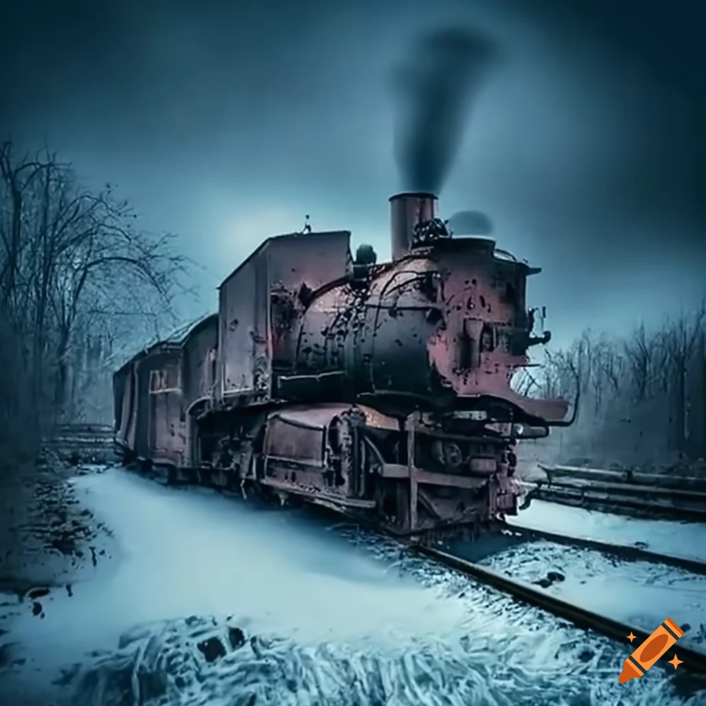 Abandoned steam locomotive stuck in the ice on Craiyon