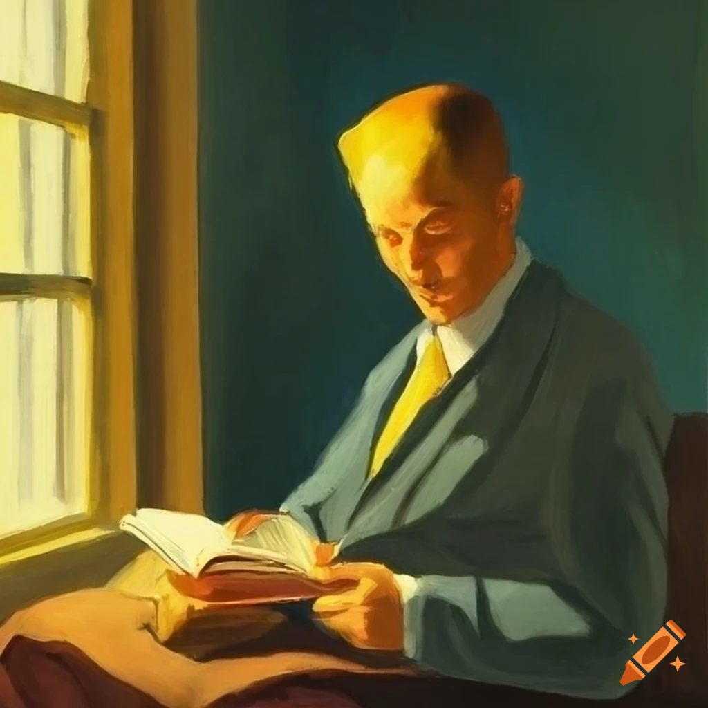 Man reading a book in a bedroom lit by window with golden light, edward ...