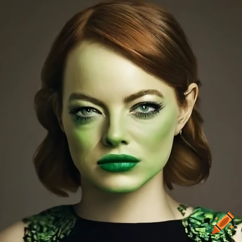 Emma Stone as 'The Mask' with bold green makeup and exaggerated facial ...