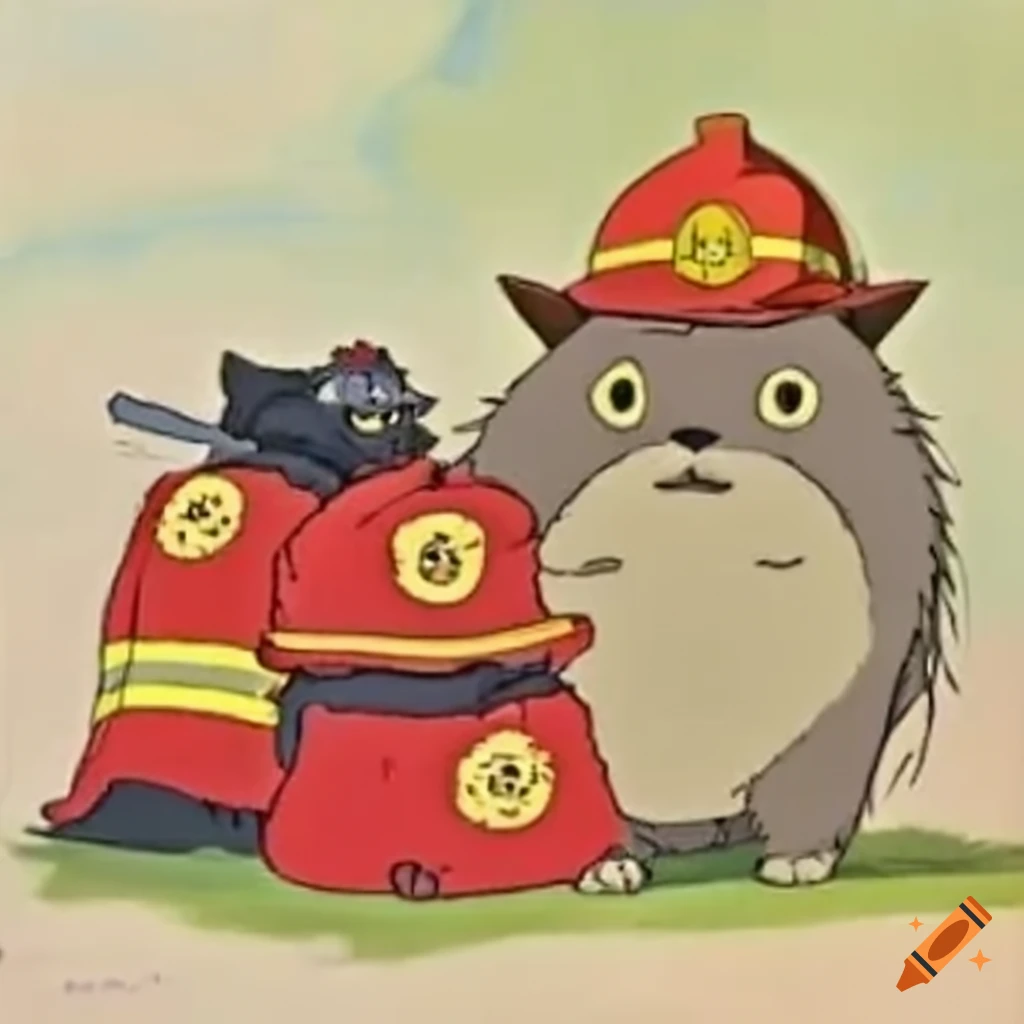 Ghibli animation of firefighter cats on Craiyon