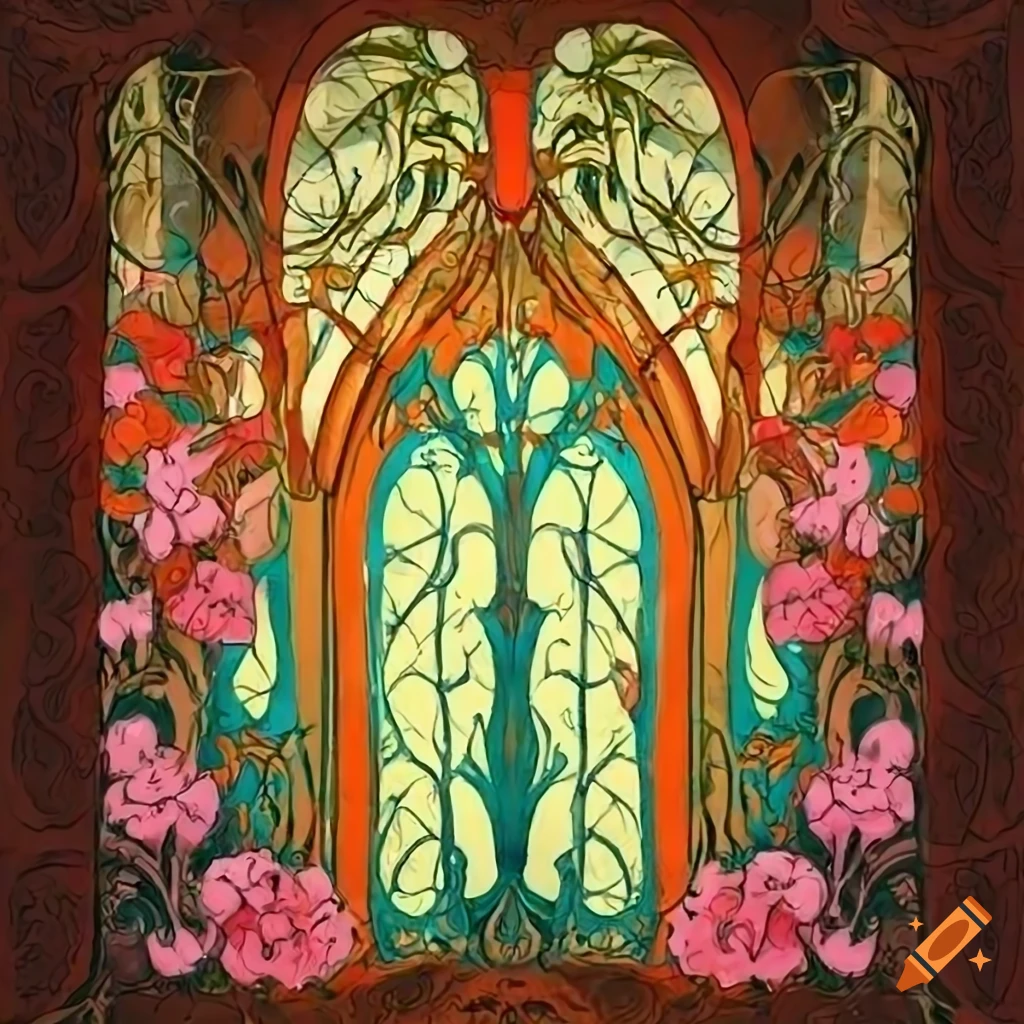 Art Nouveau style flowers over a portal, high resolution drawing on ...