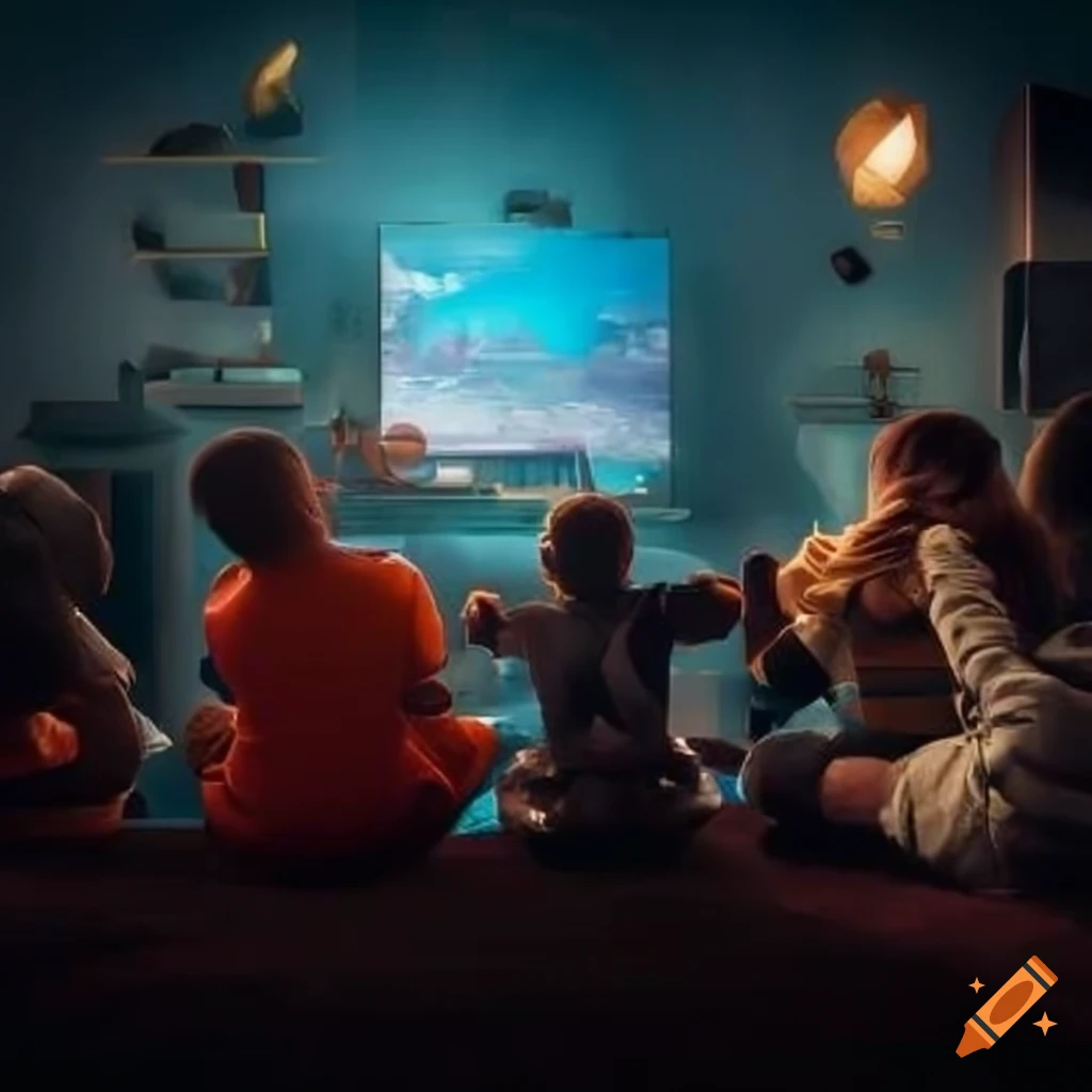 Group of friends playing video games in a peaceful setting on Craiyon