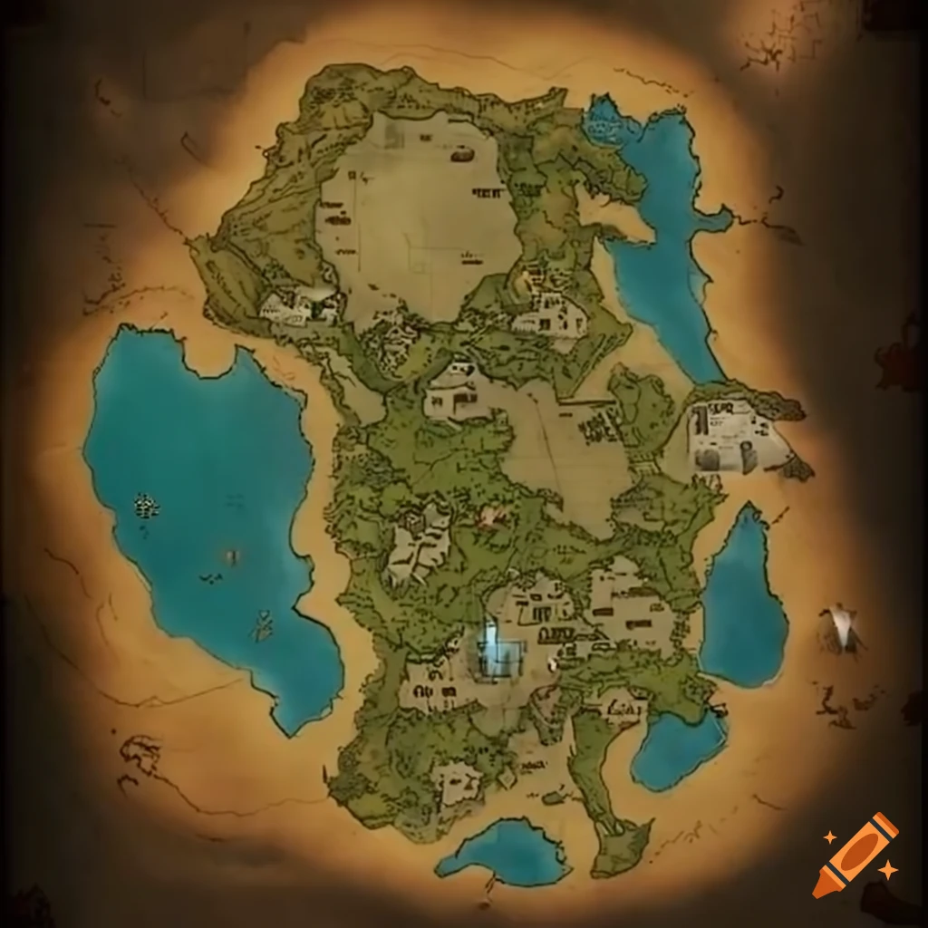 Map of a fantasy continent connected to a town on land on Craiyon