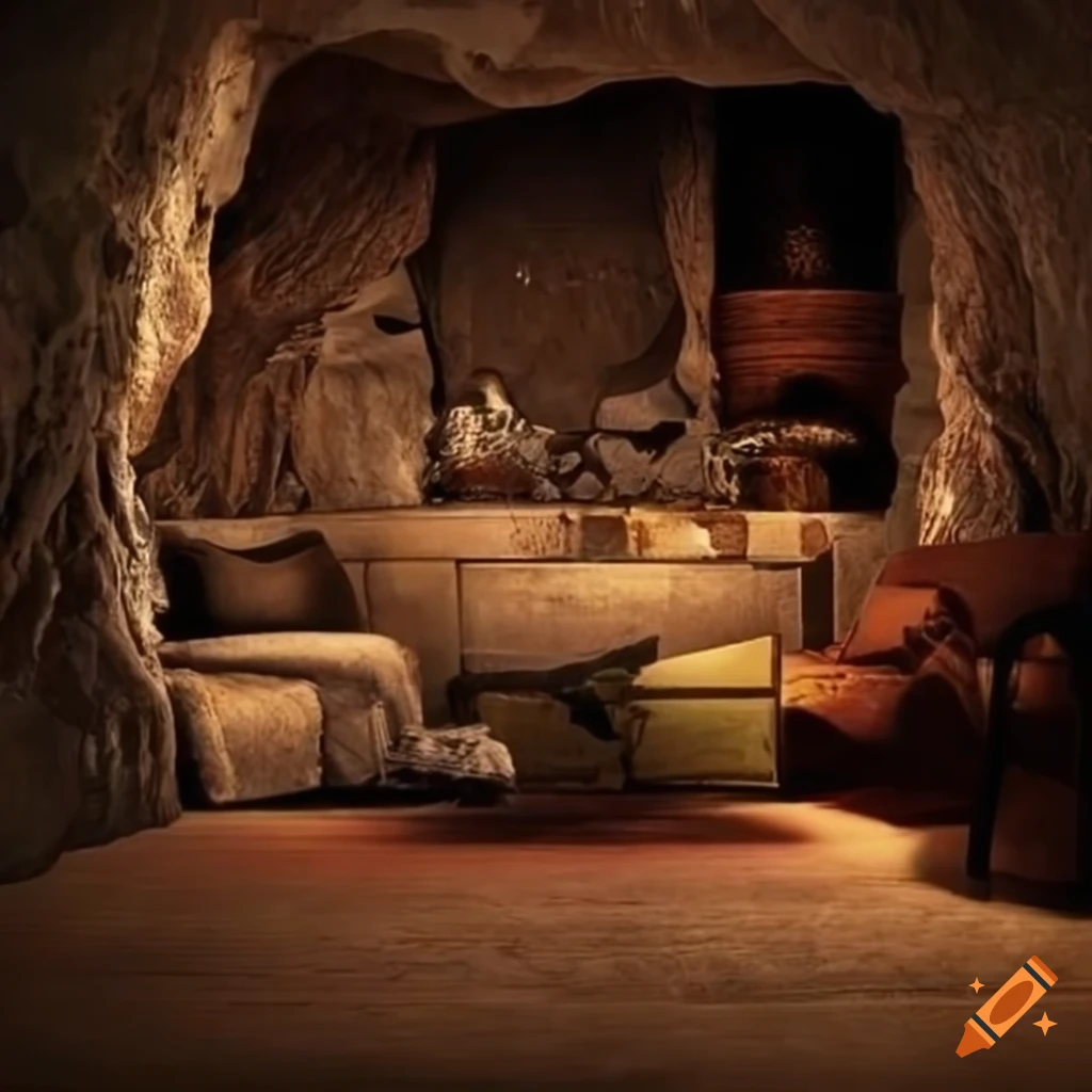 Cozy living space in a cave with vintage furniture on Craiyon