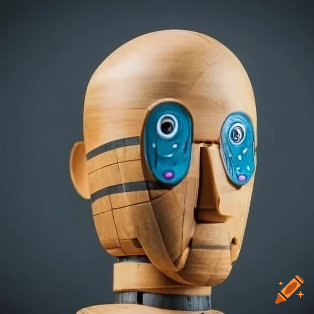 Sci-fi wooden figure with a cyborg smiling face on Craiyon
