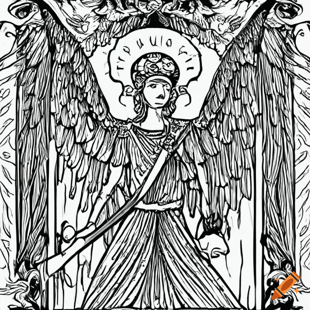 Medieval style inked line art of an archangel on Craiyon