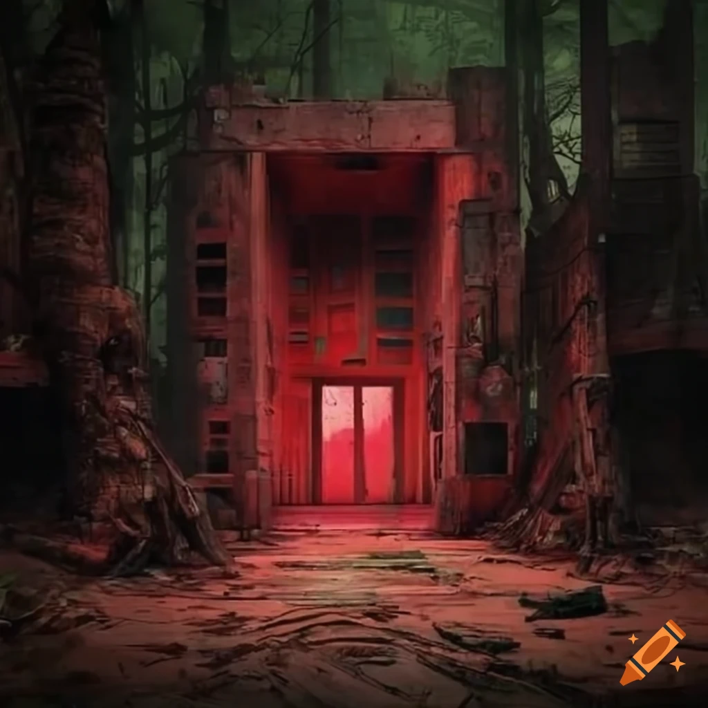 Post apocalyptic red techno house in a forest on Craiyon
