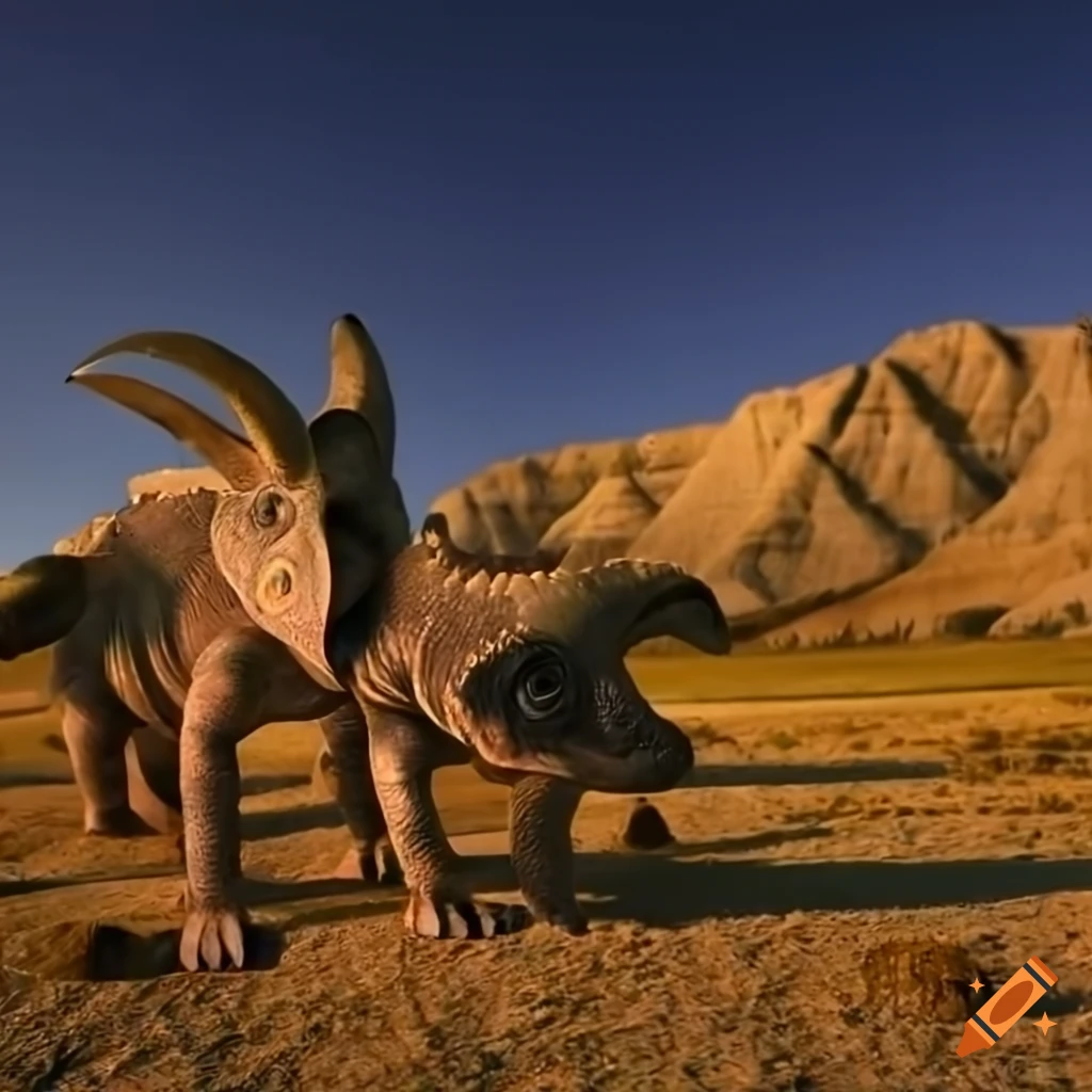 Group of baby Protoceratops with their mother in Badlands landscape on ...