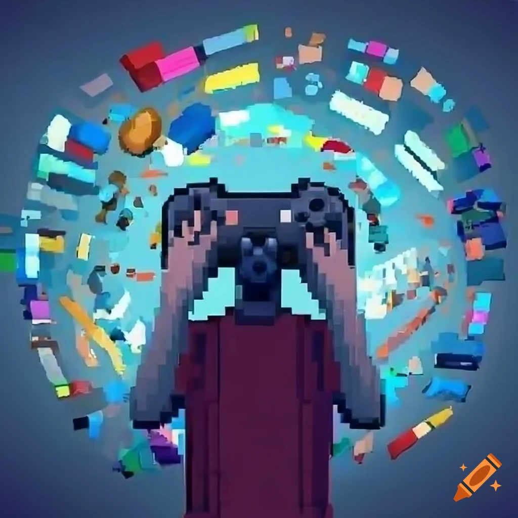 Person surrounded by gaming controllers in a pixelated gaming ...