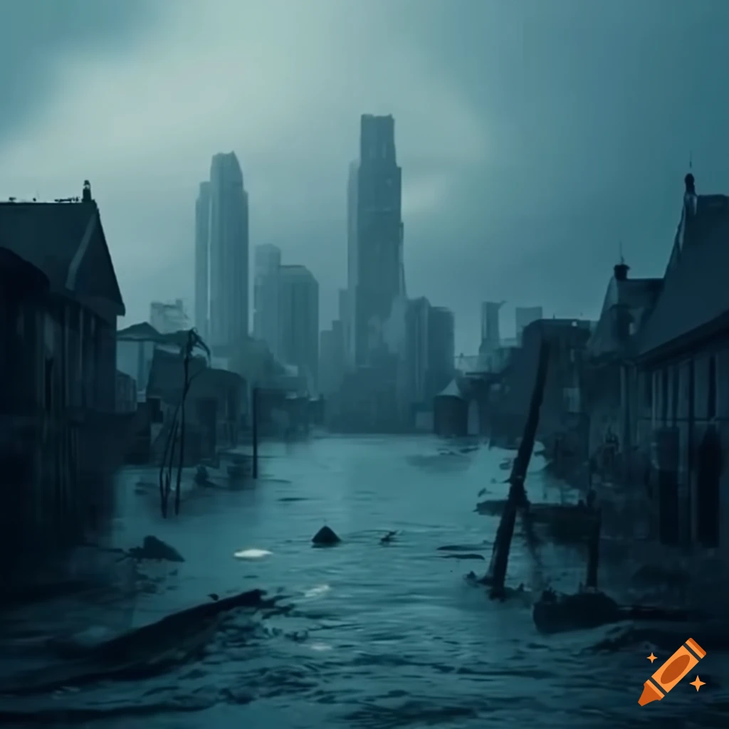 Flooded city with collapsed buildings under a cloudy sky on Craiyon