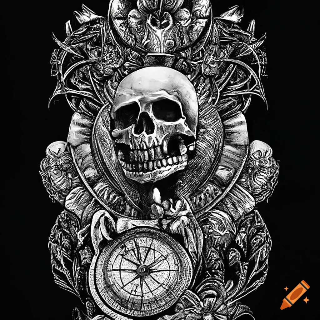 Skull hand holding a compass with intricate tattoo-style detailing on ...