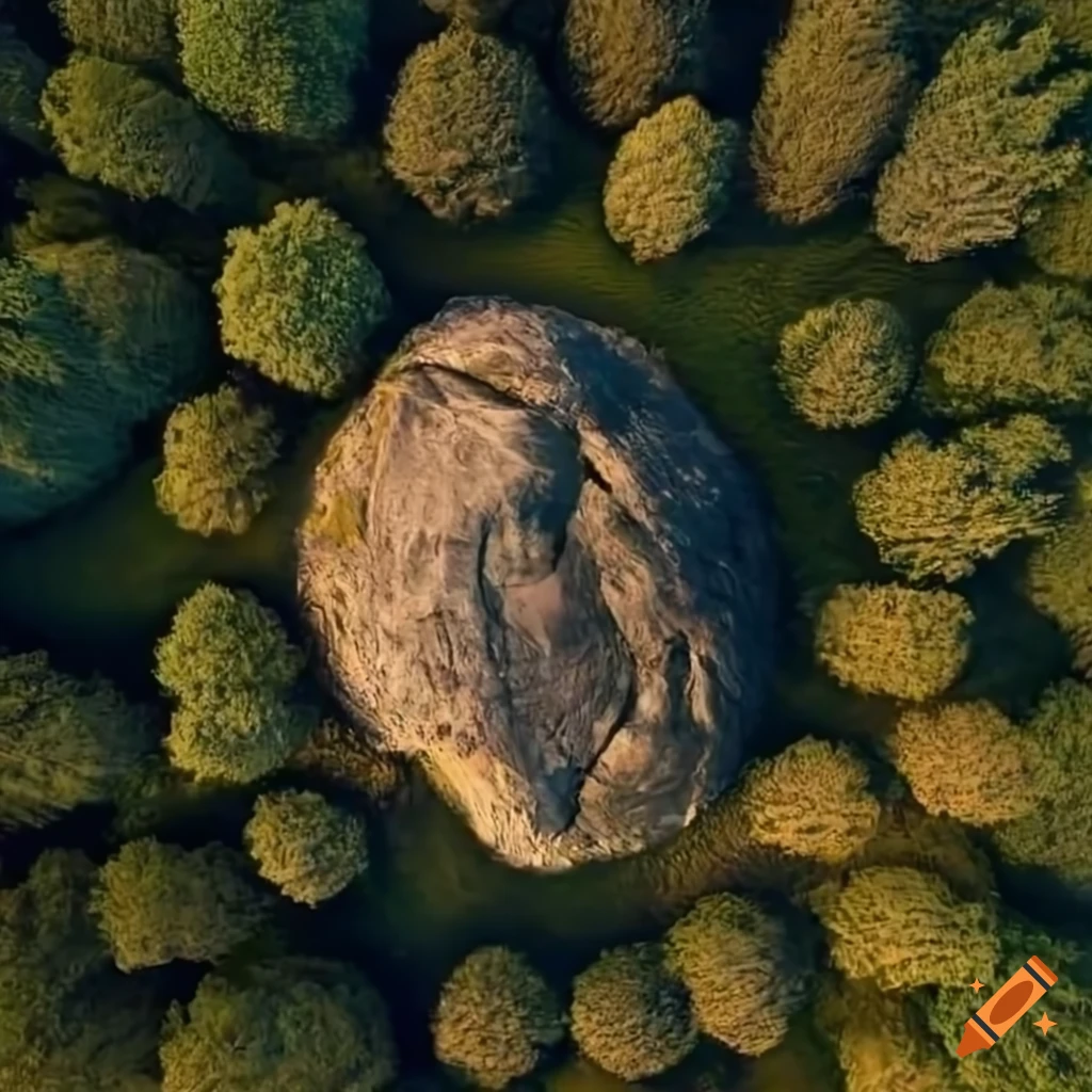 Aerial view of a forest with a large rock in the middle on Craiyon
