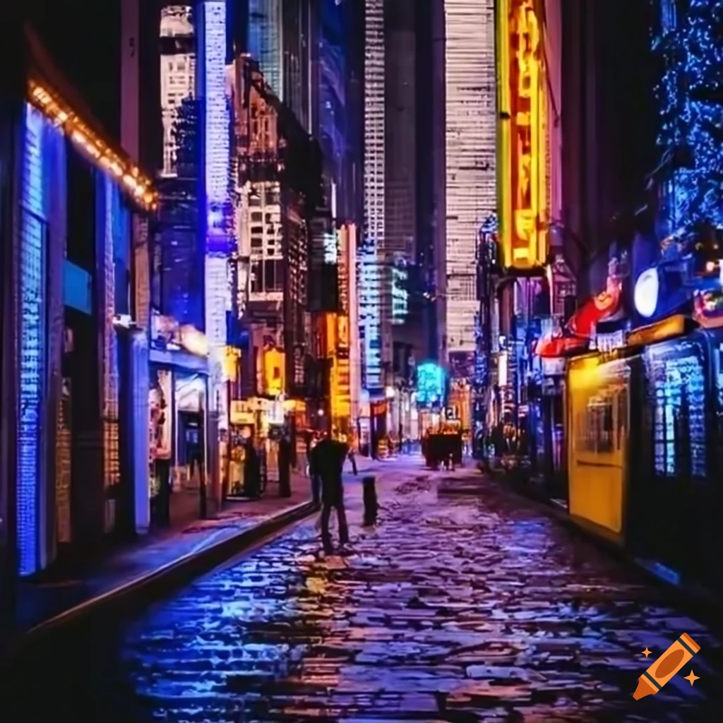 Vibrant blue neon lights illuminating a busy city street on Craiyon