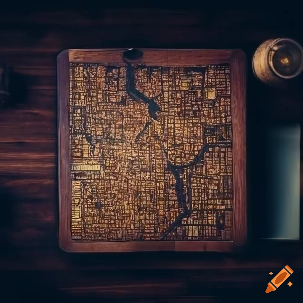 Top view of an old wooden desk with a large city-map on Craiyon