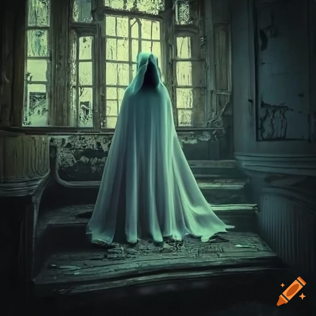 Ghost in spooky attire wandering among decaying mansion ruins on Craiyon