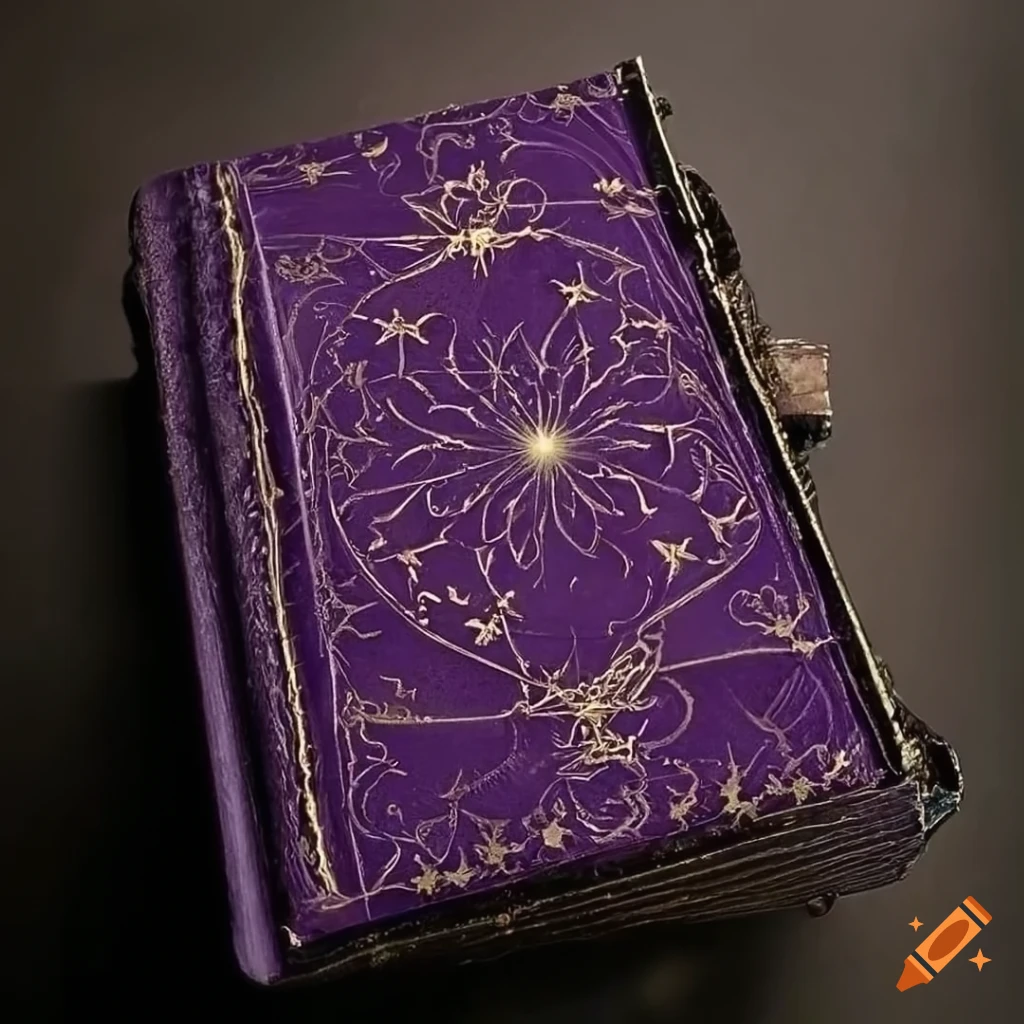 Deep purple leather book with celestial motifs and golden filigree on ...