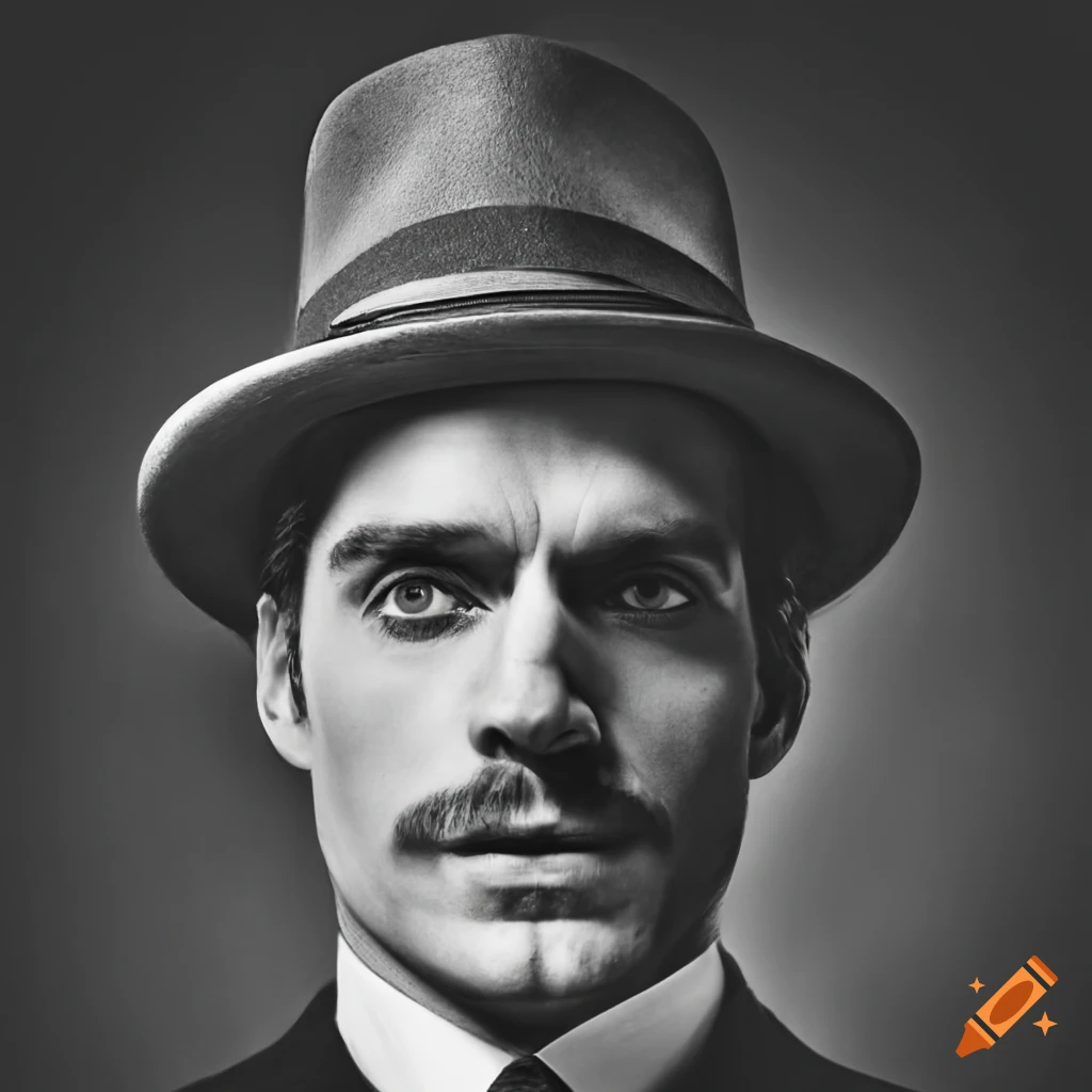 Monotone portrait of Henry Cavill as a 1920s spy in a fedora on Craiyon