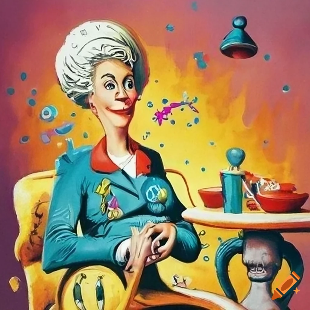 Colorful humorous book illustration of a female coach in a cafe on Craiyon