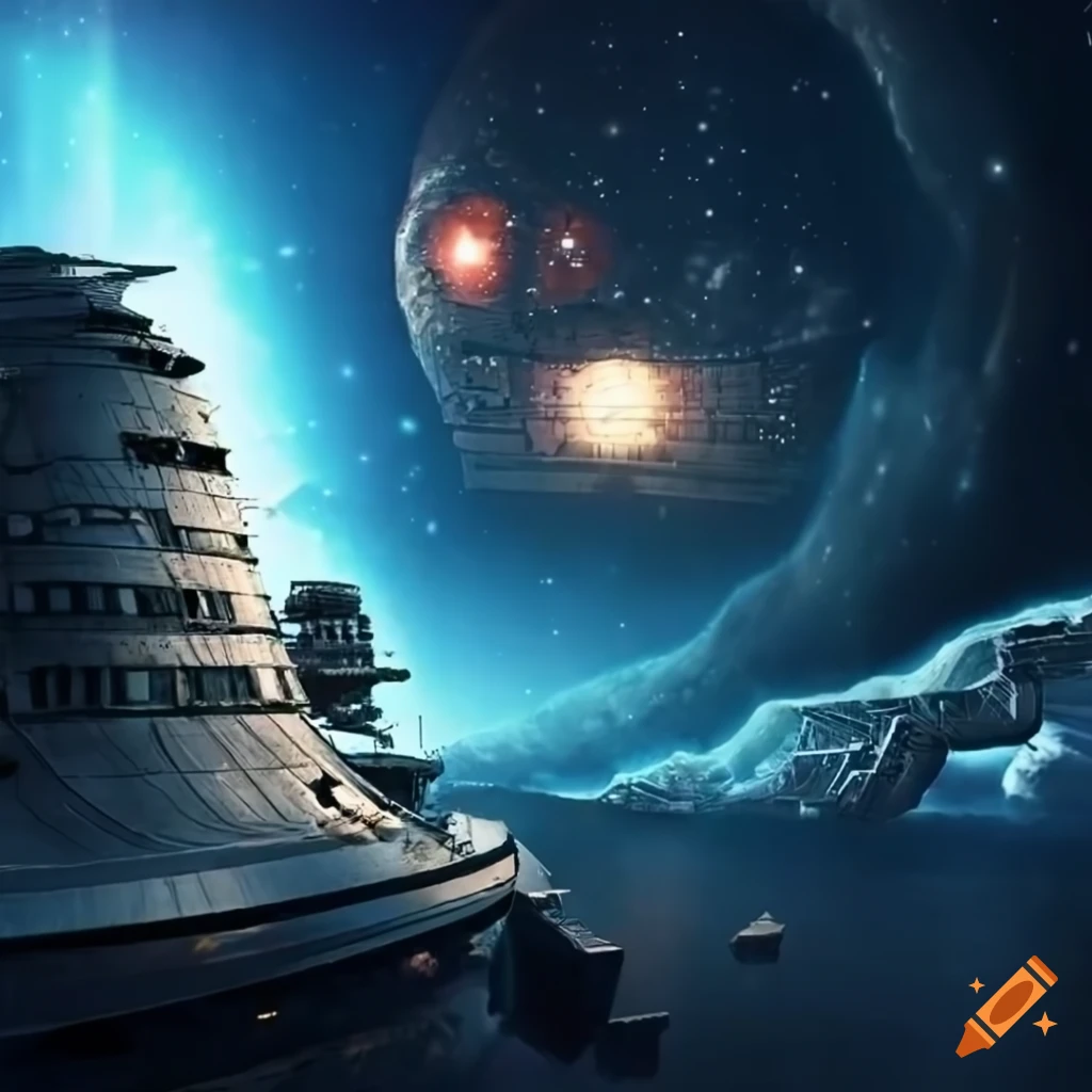 Interior of a space battleship with huge windows sailing through cosmos ...