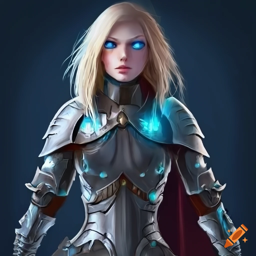 Fantasy Character In Full Body Armor With Cyber Blue Light Helmet Long