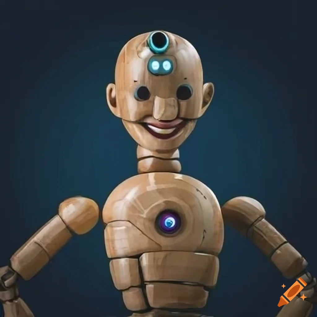 Smiling sci-fi wooden character with a cyborg eye on Craiyon