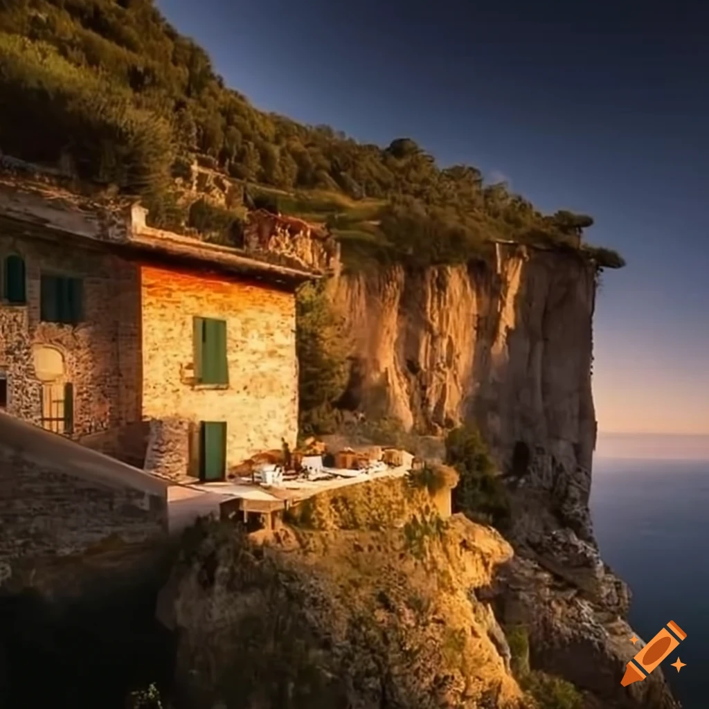 Rustic italian countryside retreat on a cliff with ocean views on Craiyon